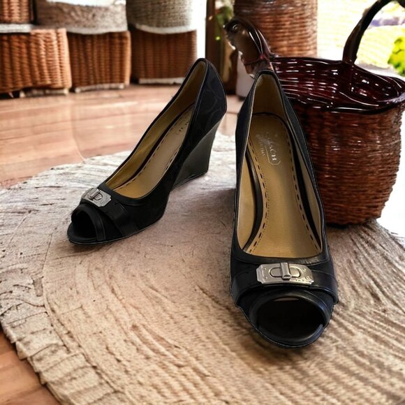 Coach | Shoes | Coach Thea Black Peep Toe Turn Lock Wedge Heels Size 6 ...